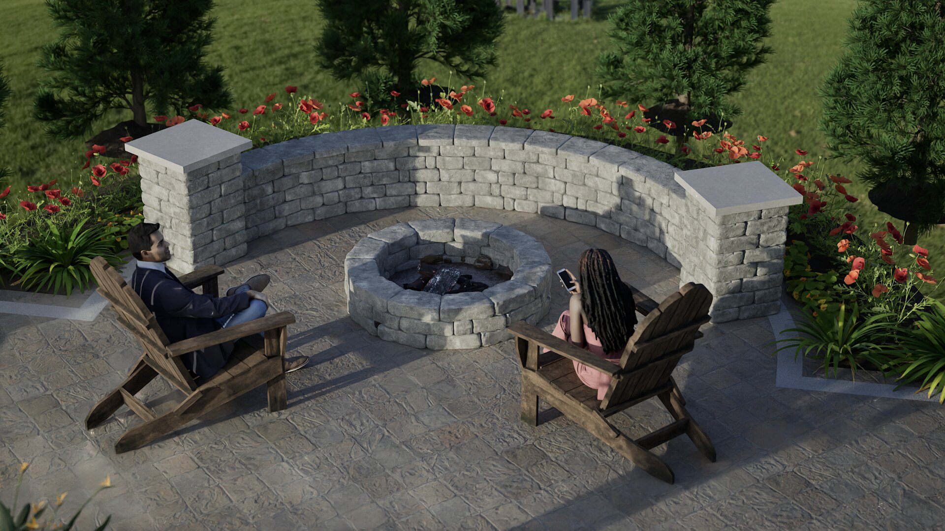 120° Curved Fire Pit Seat Wall with Fire PitKit – 6’ Radius