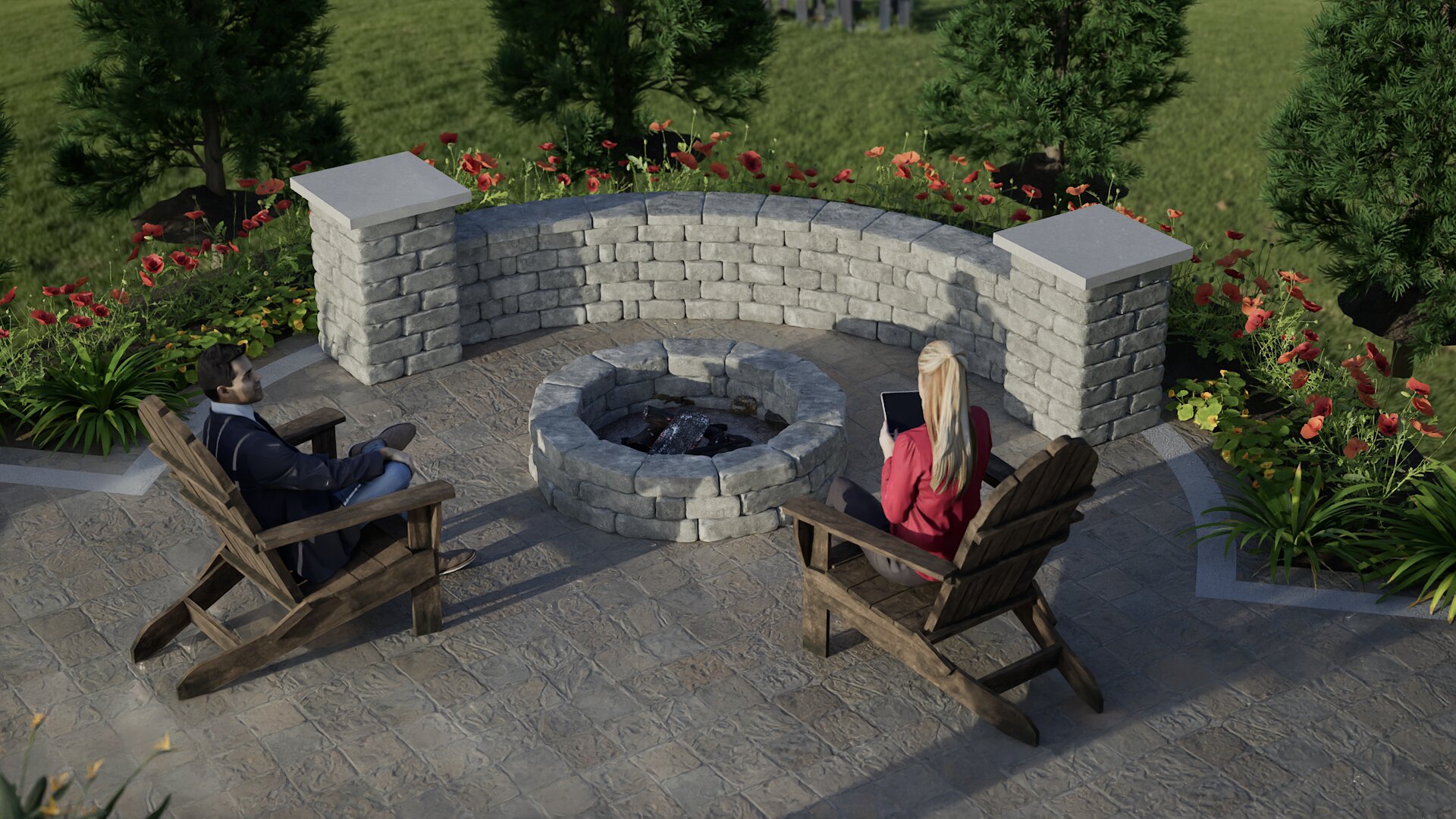 90° Curved Fire Pit Seat Wall Kit – 6’ Radius with Round Fire Pit